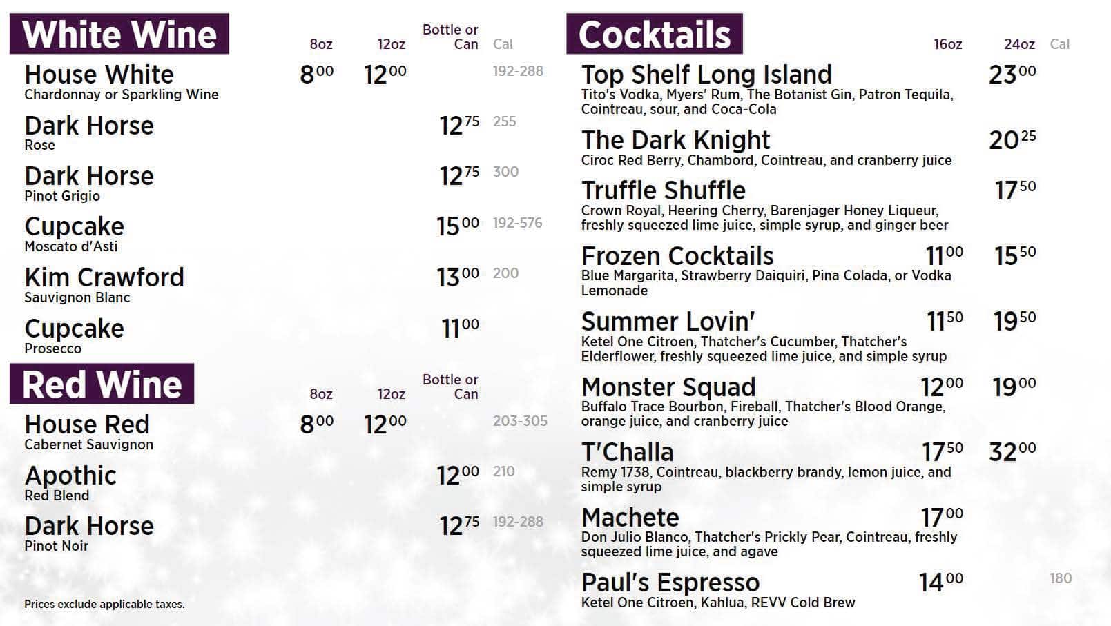 Quality 10 Bar Menu - Emagine Entertainment