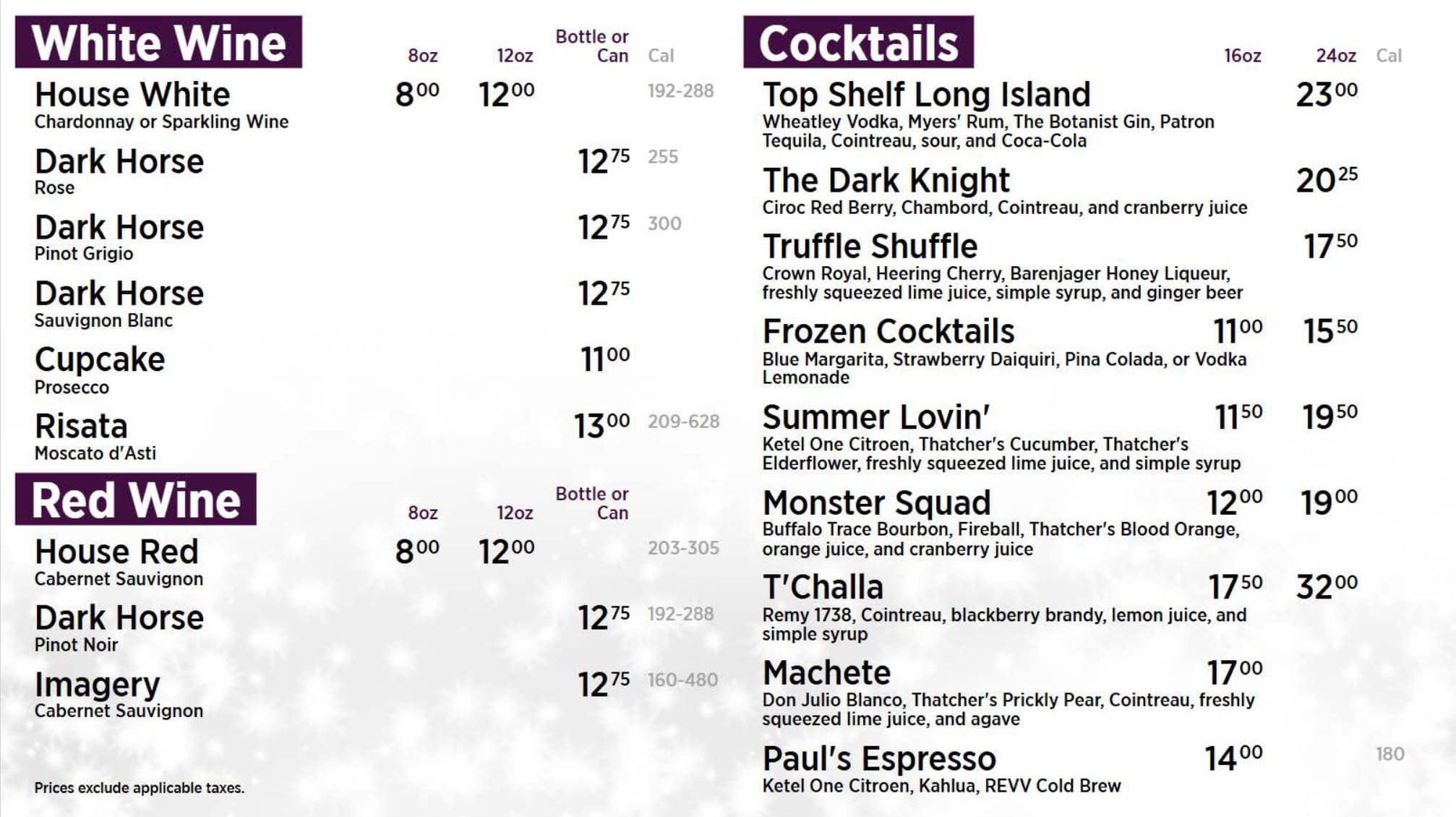 Quality 10 Bar Menu - Emagine Entertainment